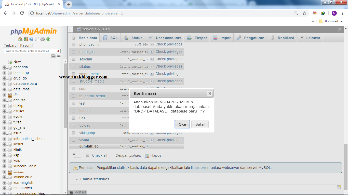 Cara Menghapus Database Pada XAMPP phpMyAdmin - ANAKBLOGGER.COM