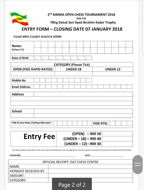 Laman Firey Rook Chess Malaysia: Registration Date for KIMMA Open 2018