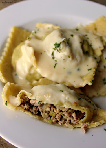 Jo and Sue: Giant Pork and Apple Ravioli in Browned Butter Garlic Sauce