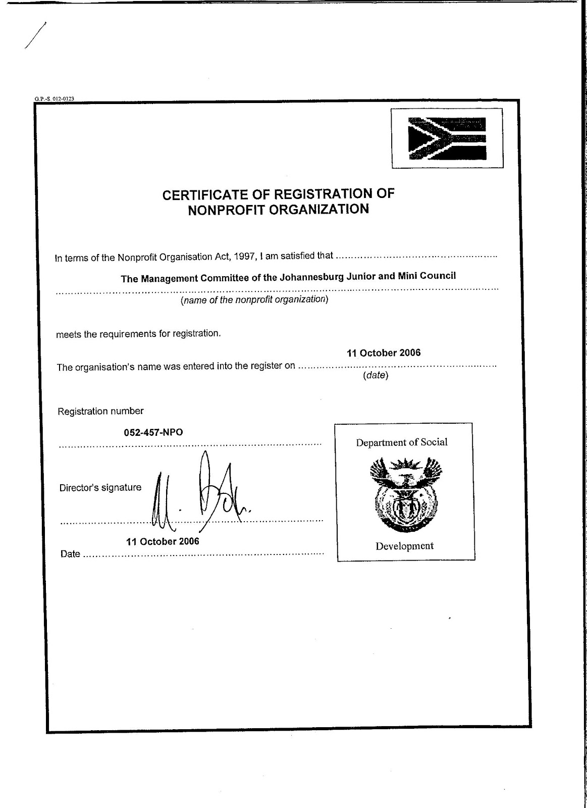 JJC: NPO STATUS CERTIFICATION