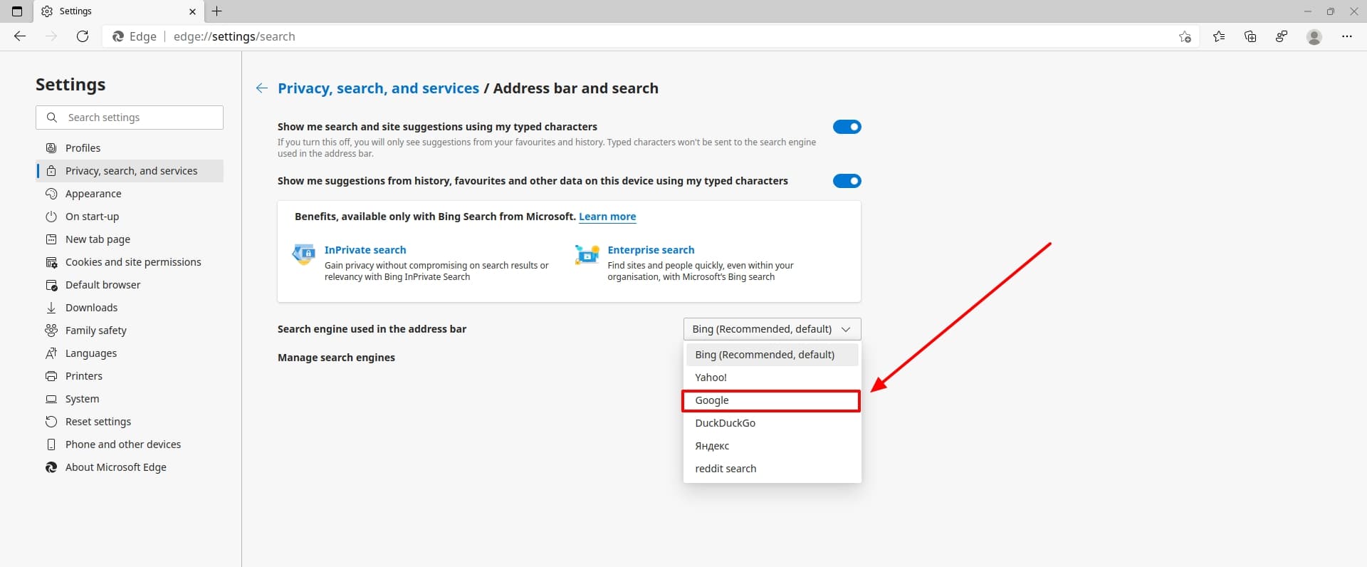 How to change search engine in Microsoft Edge?