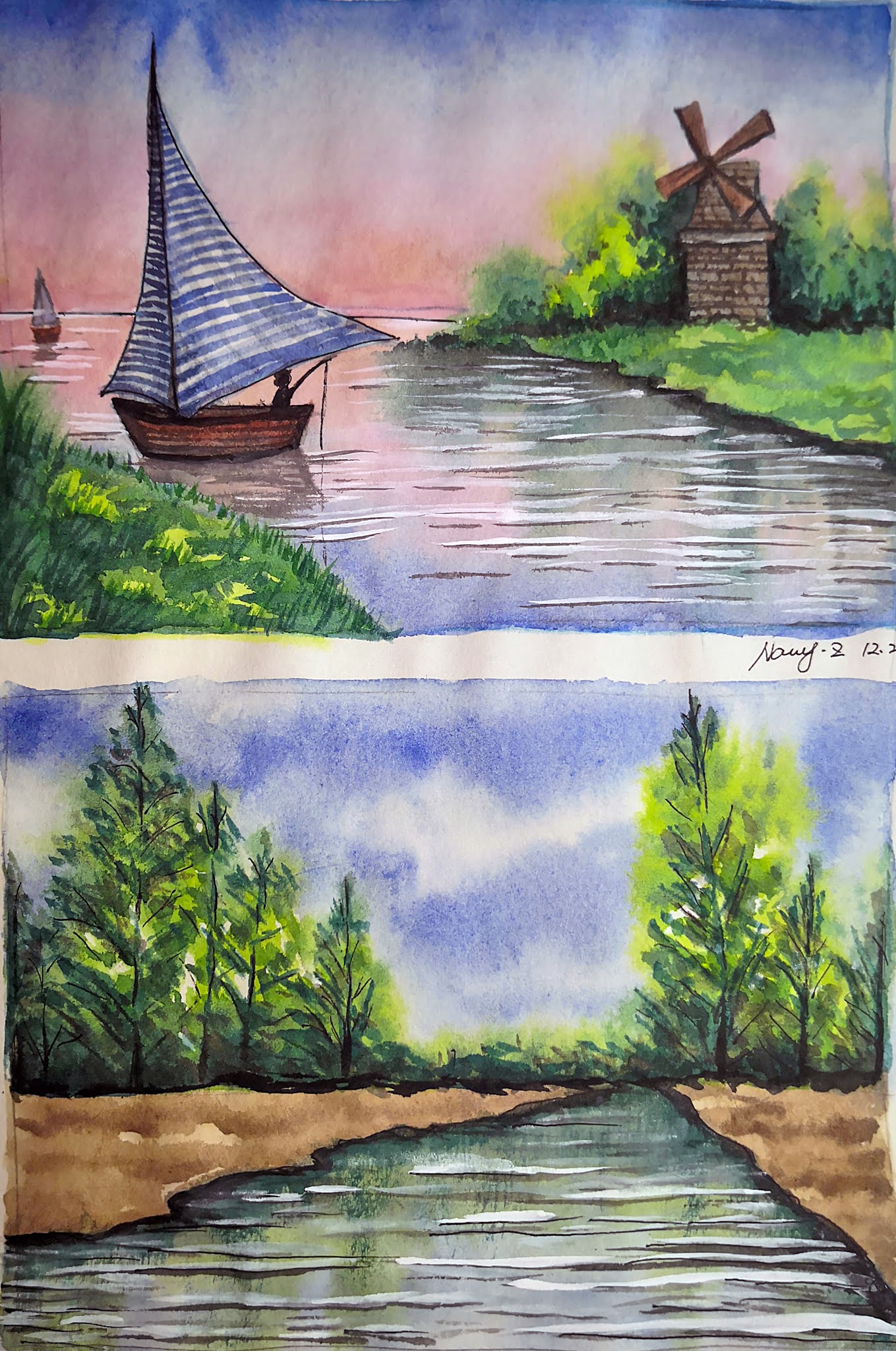 2 Watercolor landscape tutorial step by step easy for beginner