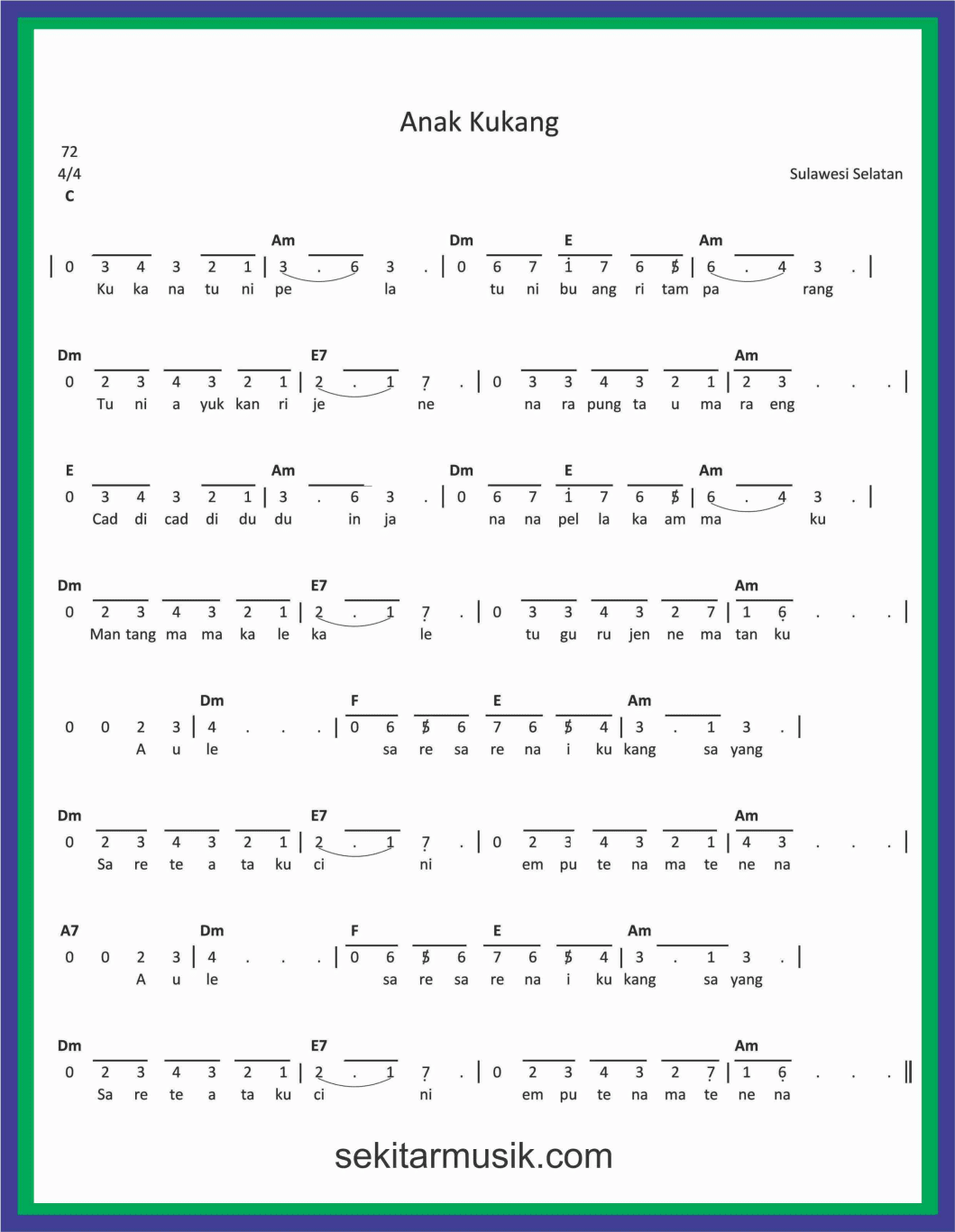 Not Angka Lagu Anak Kukang - SEKITAR MUSIK