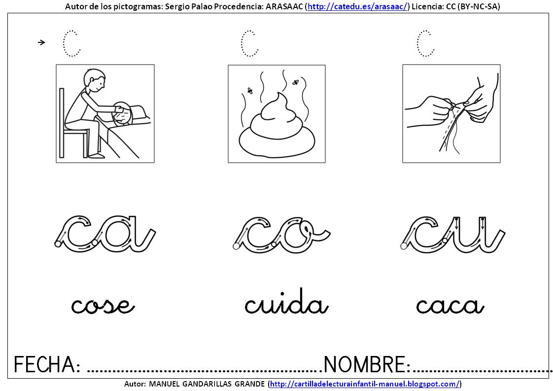 CARTILLA DE LECTURA INFANTIL : 8 LETRA C c (ca,co,cu) FICHAS ADIVINANZA