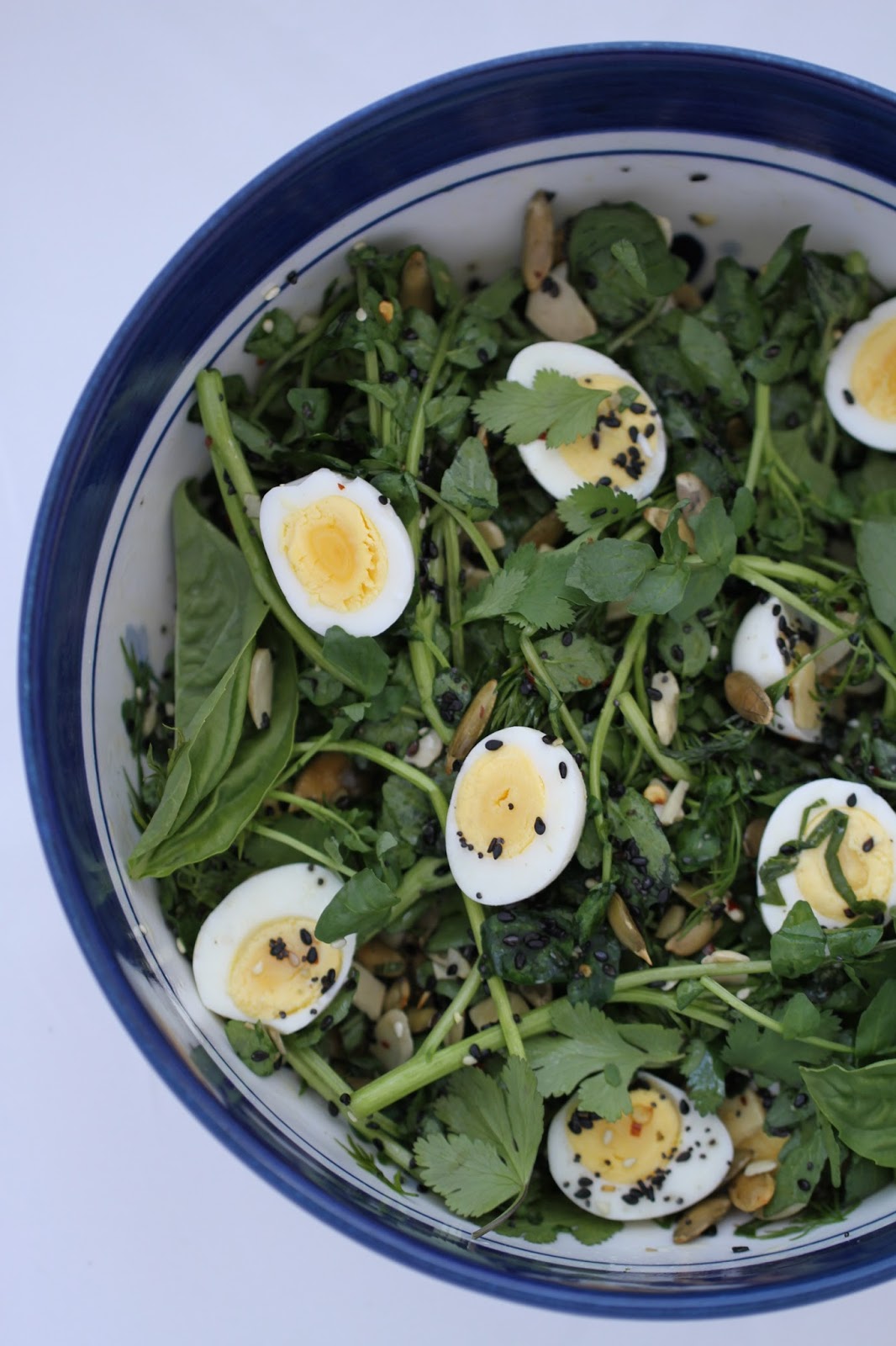 Watercress Salad with Quail Eggs and Seeds - Ever Open Sauce