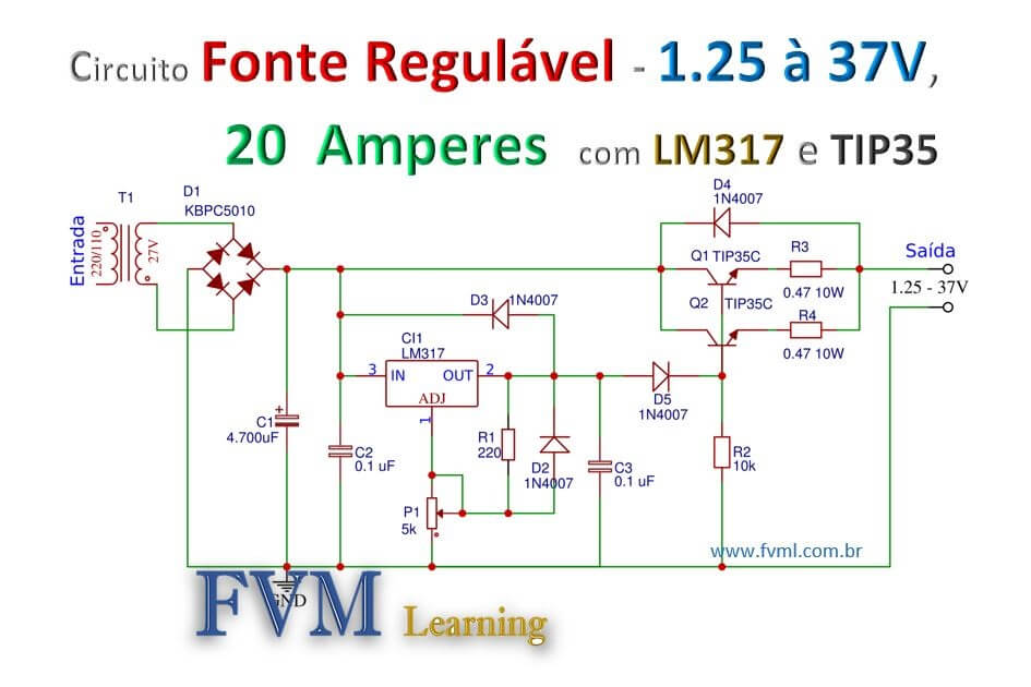 Fonte Regulável 1.2 à 37V Alta Corrente 20A com LM317 e TIP35C - FVML