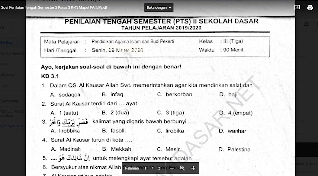 Soal Penilaian Tengah Semester 2 Kelas 3 K-13 Mapel PAI BP - SekolahDasar.Net