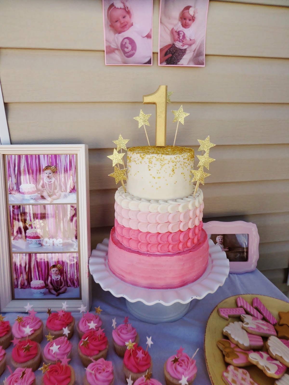 Pink and Gold Ombre Star Tiered Cake, and Pink Ombre Rosette Smash Cake