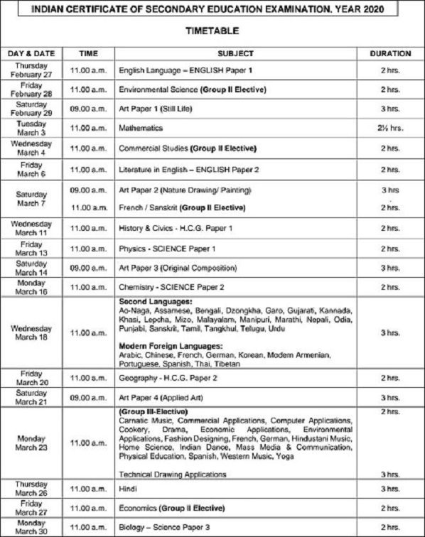Bengal Information: 2020 ICSE and ISC Board Exam Date Sheet