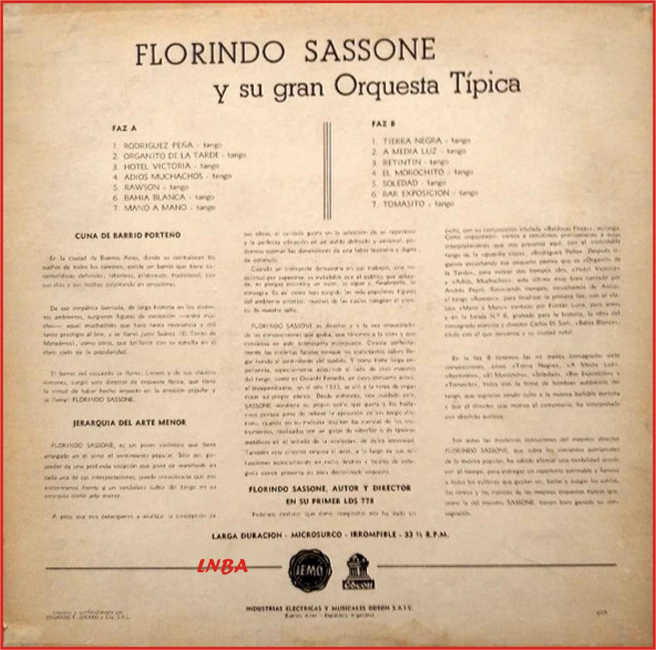 La nova Botica del Aleman.: Tango - Florindo Sassone - Florindo Sassone