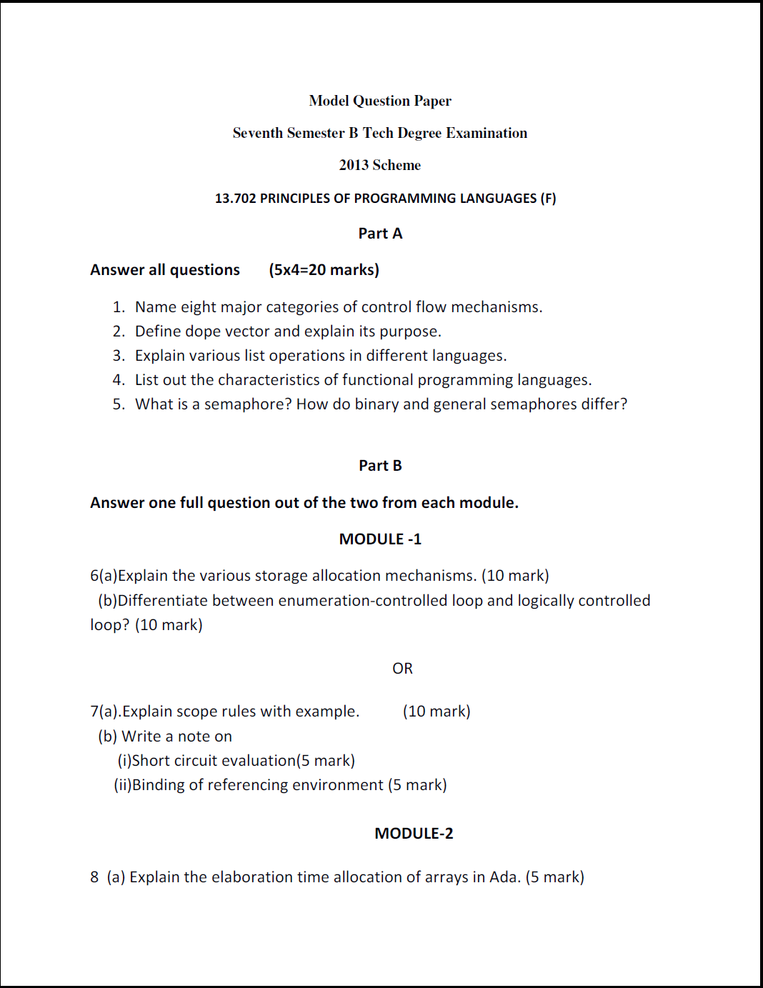 Kerala University B Tech Principles Of Programming Languages ( F ) 2016 ...