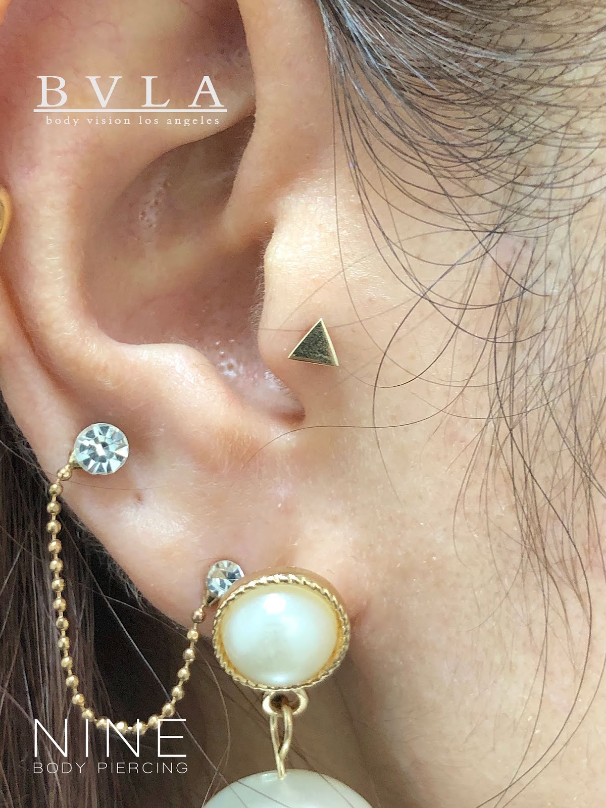 NINE BODY PIERCING BLOG: Tragus with BVLA Yellow Gold 4mm Flat Triangle!!! ゴールドトライアングル