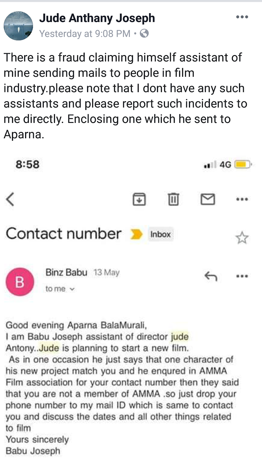 Fake Casting Call For Jude Anthany Josephs Movie Actress Aparna Balamurali Got Spam E Mail