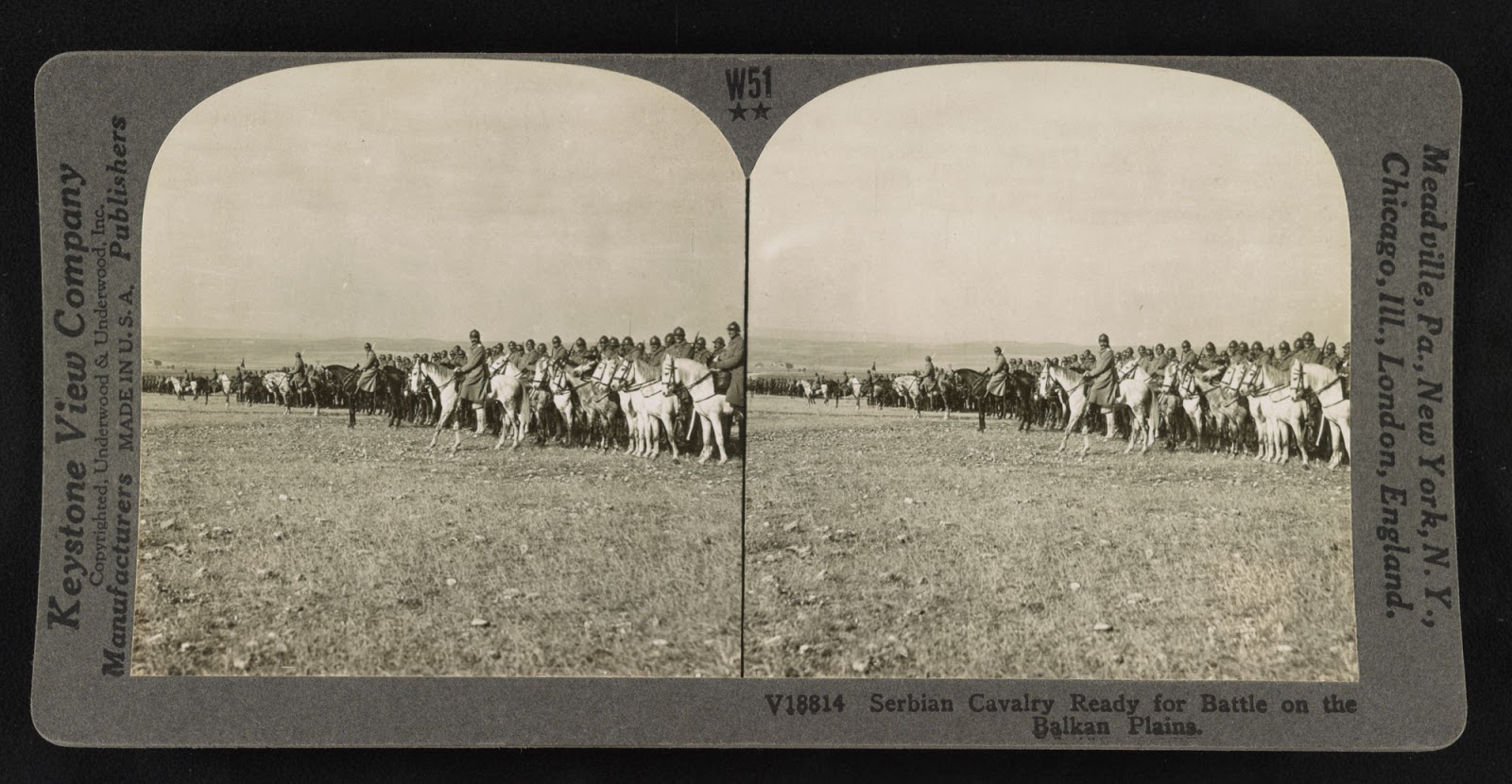 Serbian cavalry ready for battle on the Balkan plains - Stereograph Card