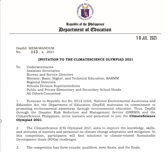 DepEd Memorandum 043 s. 2021 | INVITATION TO THE CLIMATESCIENCE ...