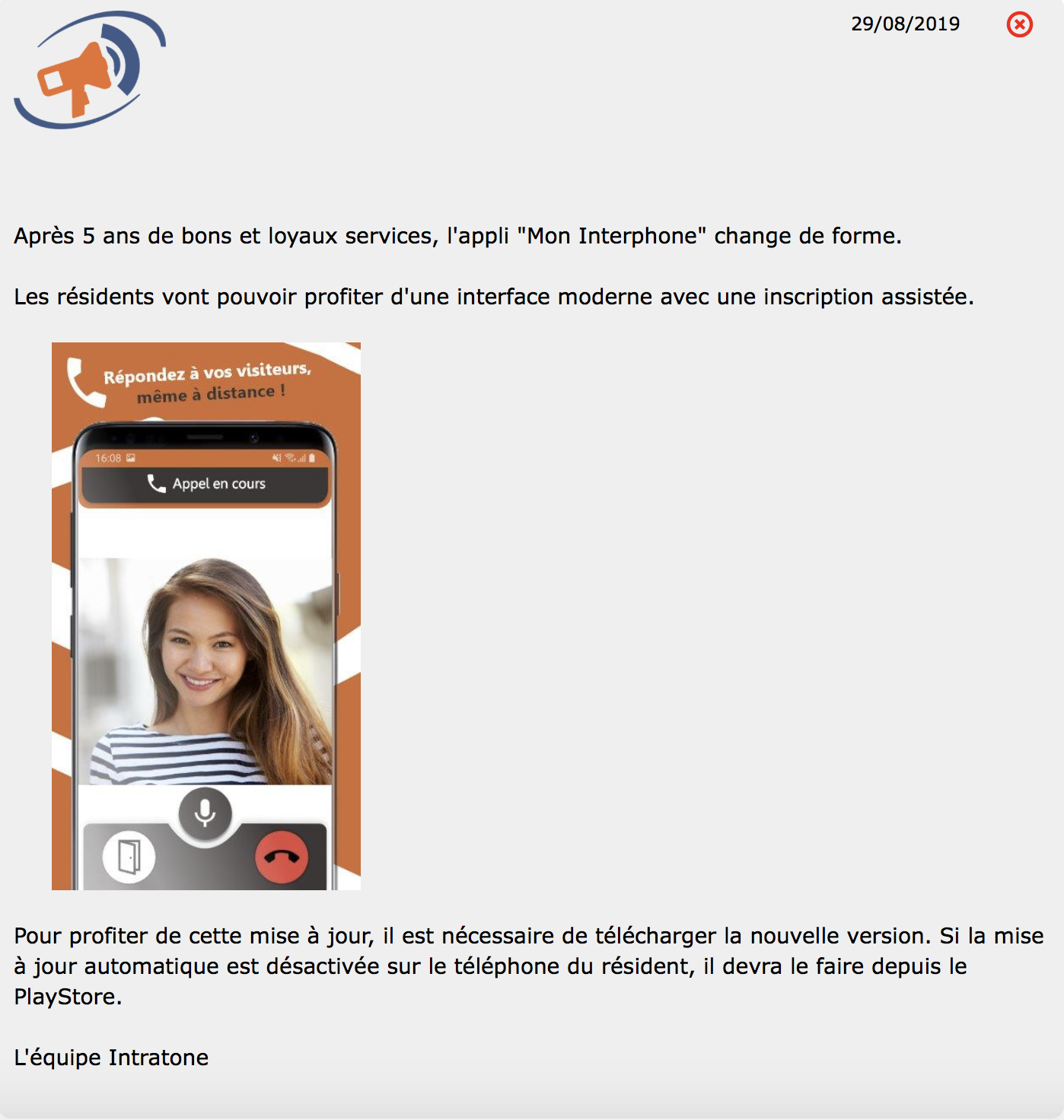 Nouvelle application Intratone pour l'Interphone