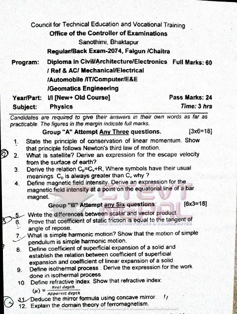 Engineering Physics I - 1st Semester Question Papers CTEVT | Diploma in ...