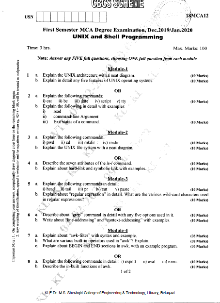 Visvesvaraya Technological University Mca Cbcs First Semester 18mca12 Unix And Shell