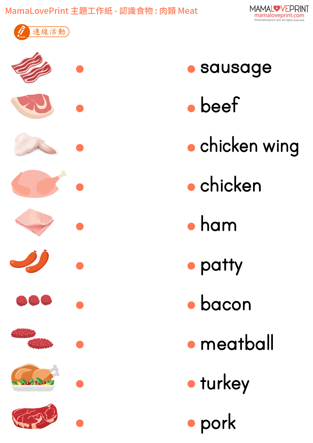 MamaLovePrint 主題工作紙 - 認識食物 - 肉類 雞肉 牛肉 豬肉 工作紙 幼稚園常識 Learning Food - Meat ...