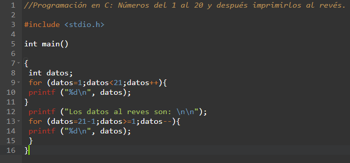 Codigo de programación en C: Números del 1 al 20 y después imprimirlos ...