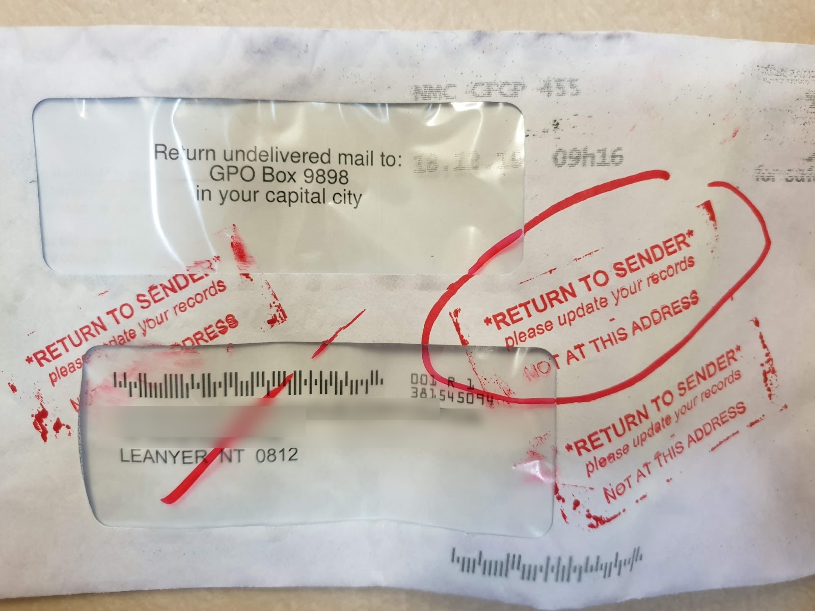 Repeated "Return To Sender" from GPO Box 9898 in your capital city ...