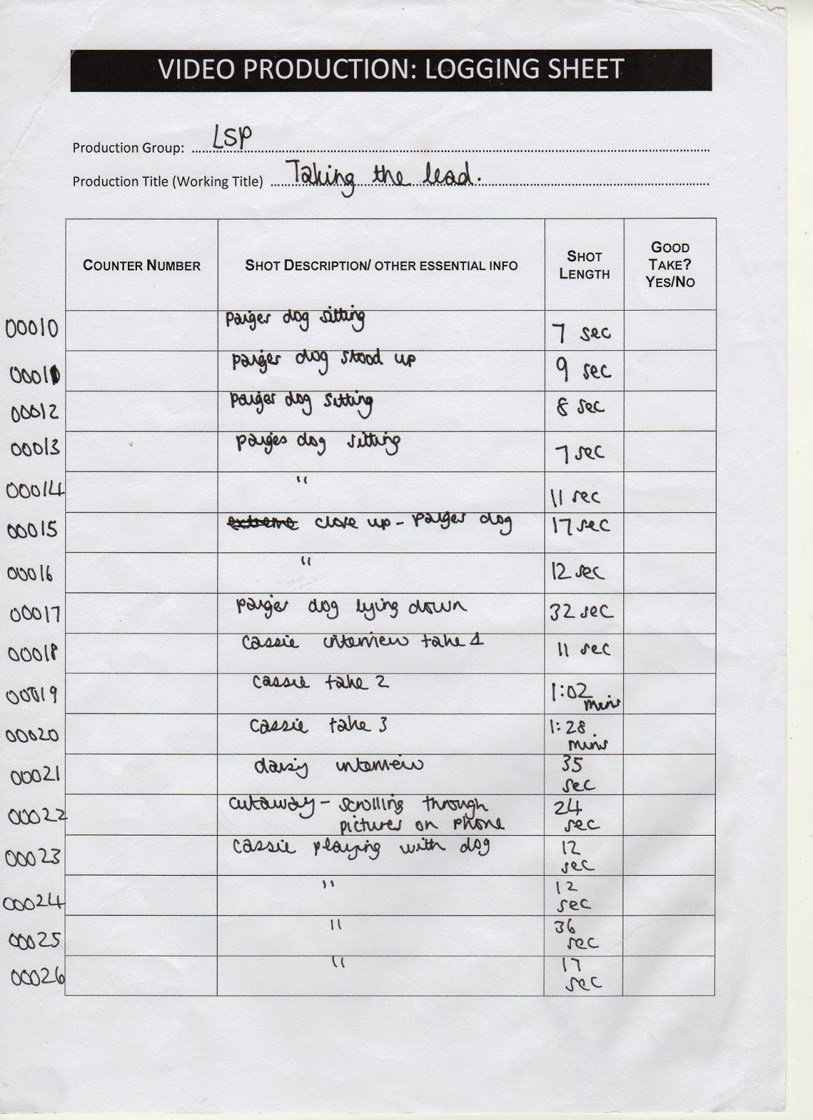Luke Wooder A2 Media : Logging Sheet