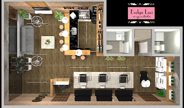 Projeto: barbearia retrô... | Arquiteta Evelyn Luci