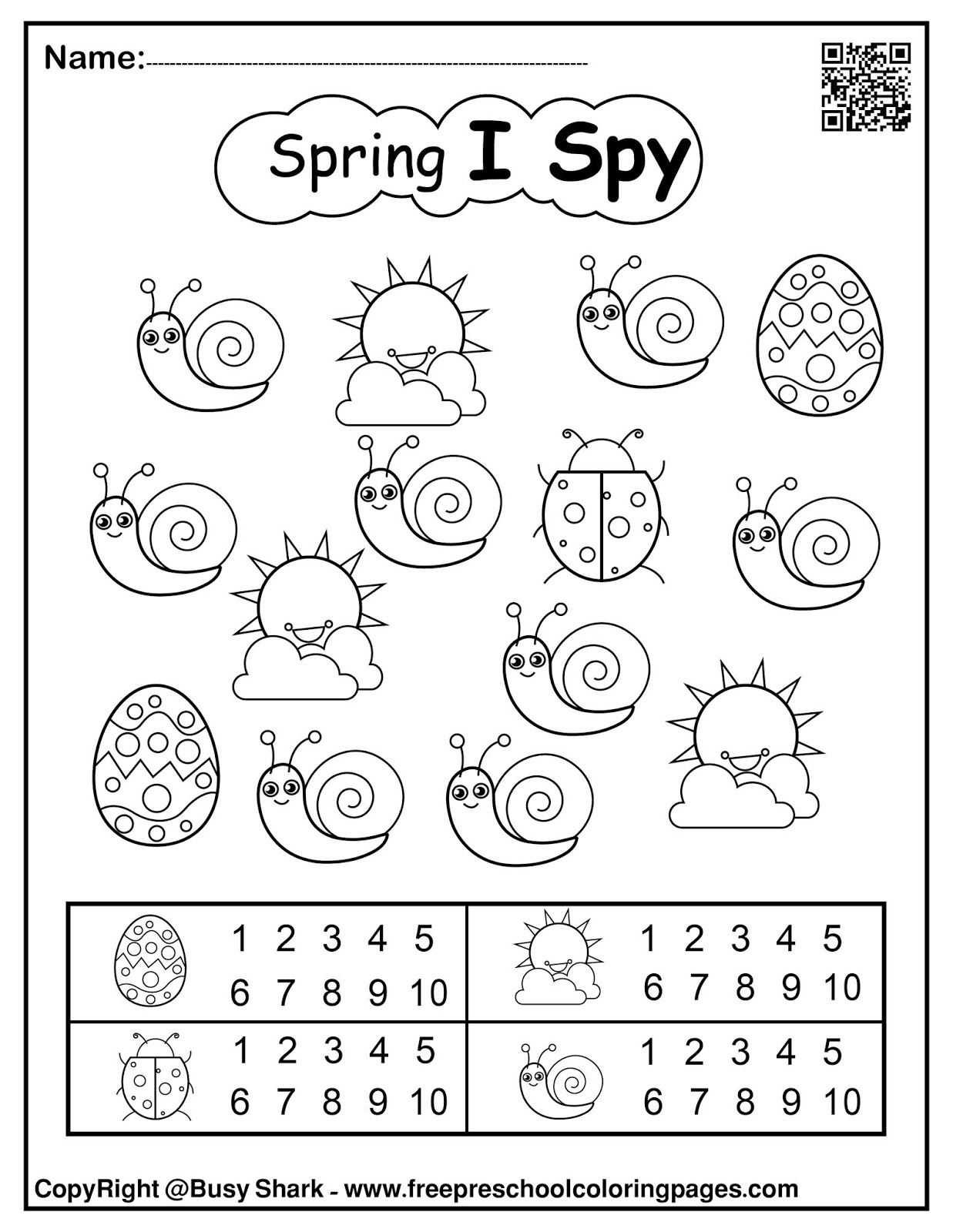 Set of Spring I Spy free preschool coloring pages - easy level
