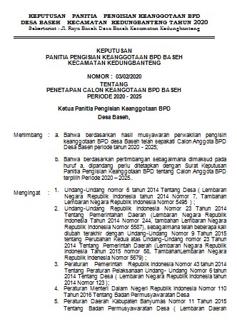 Contoh SK Panitia Penetapan Calon BPD