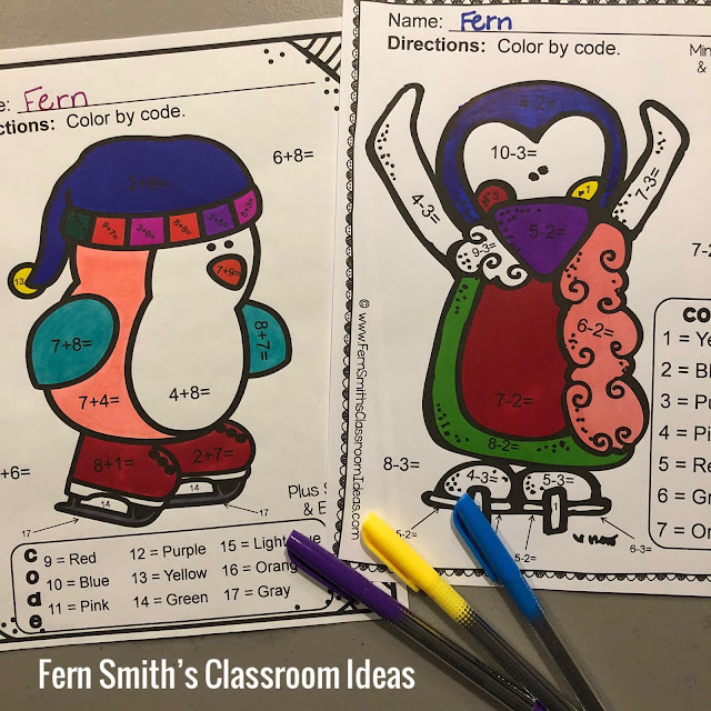 WINTER COLOR BY NUMBER FUNKY PENGUINS ADDITION, SUBTRACTION ...