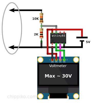 Voltmeter Max 30V ATtiny85 OLED Arduino