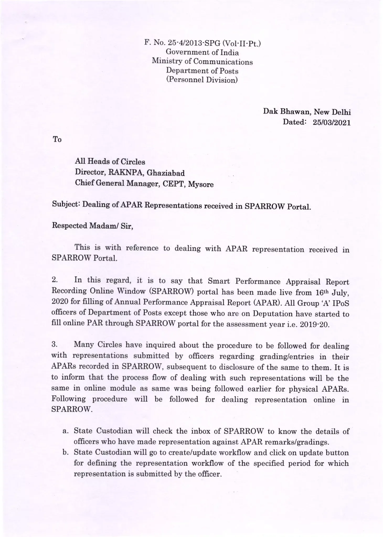 Dealing of APAR Representations received in SPARROW portal ...