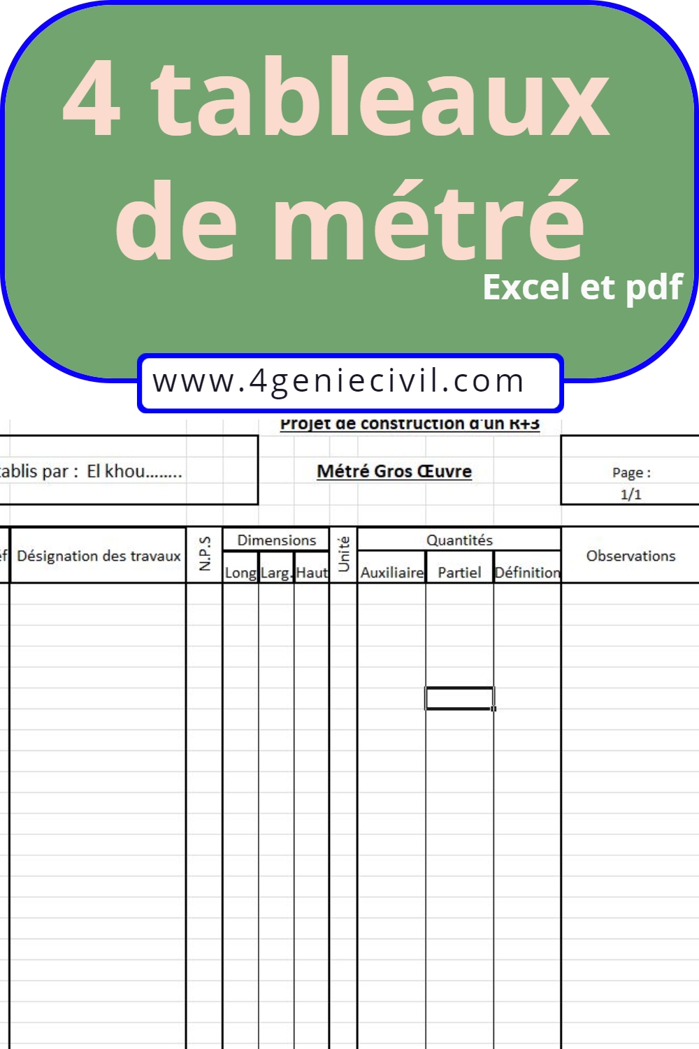 Tableau de métré Excel et pdf