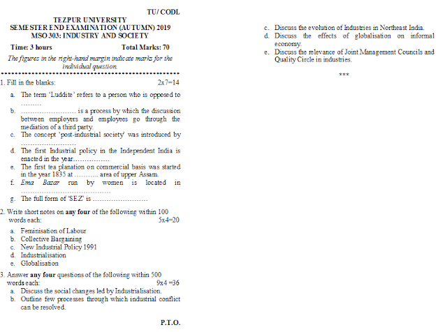TEZPUR UNIVERSITY (TU/CODL) SEMESTER END MSO 303: INDUSTRY AND SOCIETY ...