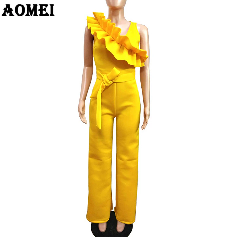 Women Overalls Yellow Jumpsuit Ruffles with Waist Belt Elegant Femme ...