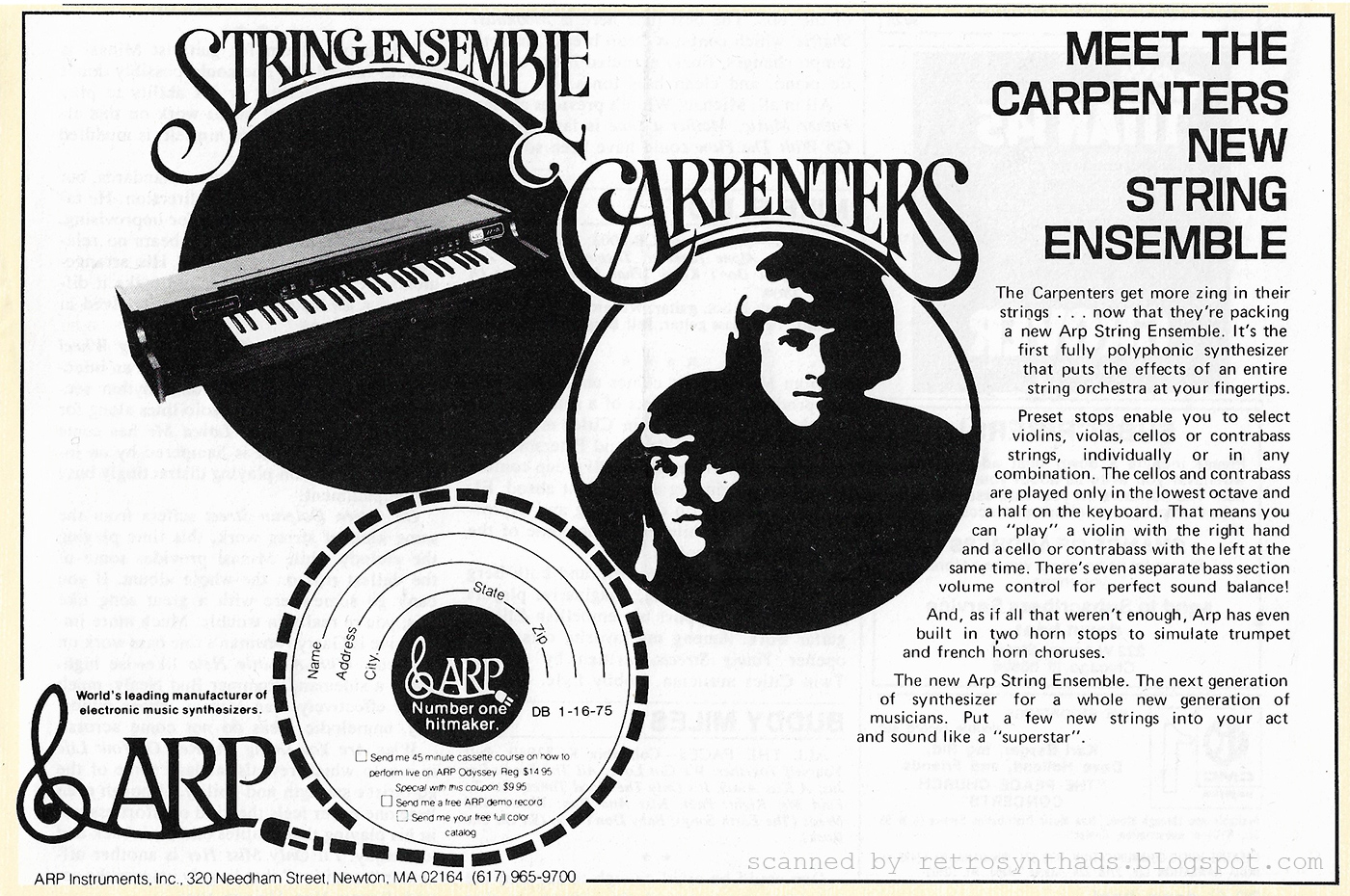 MATRIXSYNTH: 1975 ARP "Meet the Carpenters new string ensemble" Ad