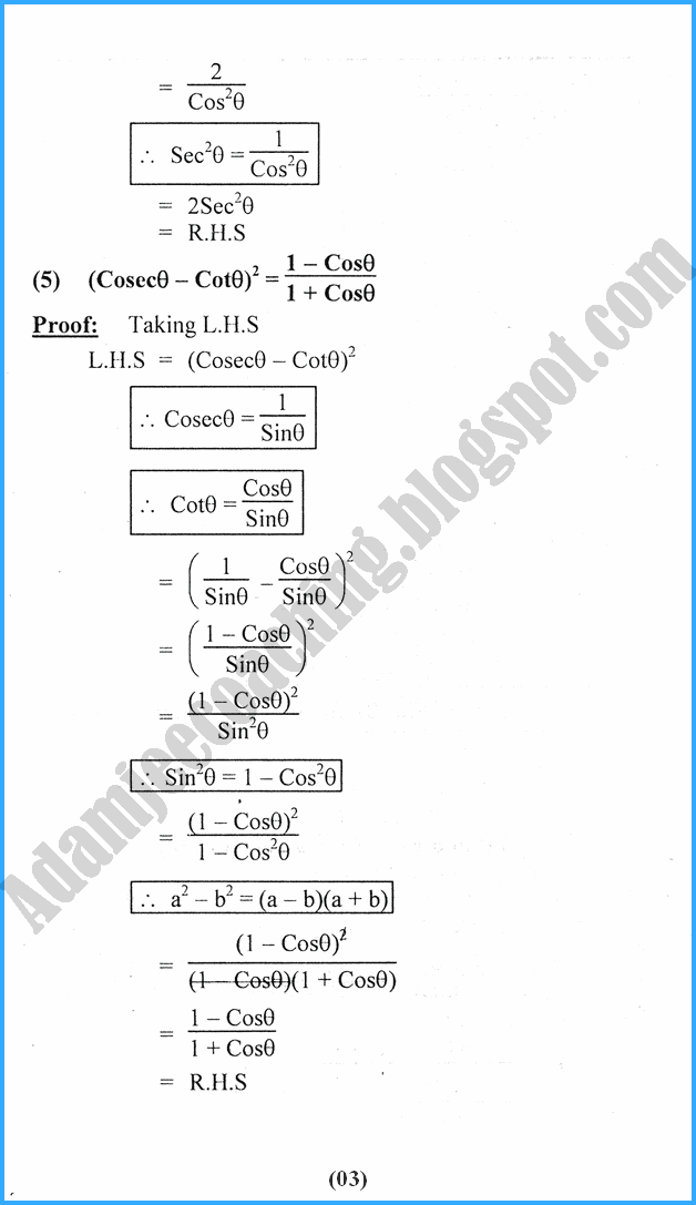 Adamjee Coaching: Trigonometric Identities - Exercise 10.1 - Mathematics 11th