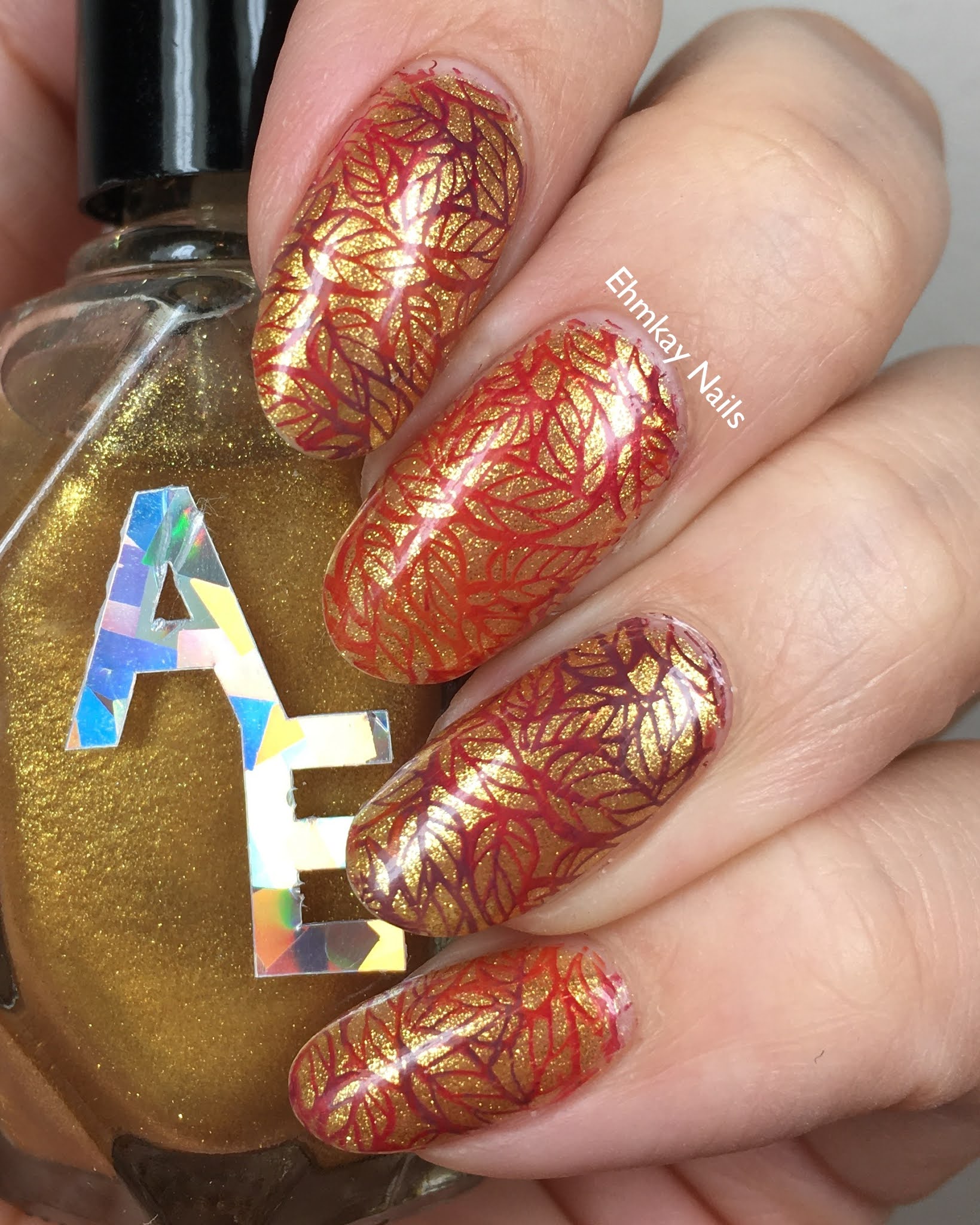 ehmkay nails: Alter Ego Golden Topaz with Gradient Leaf Stamping