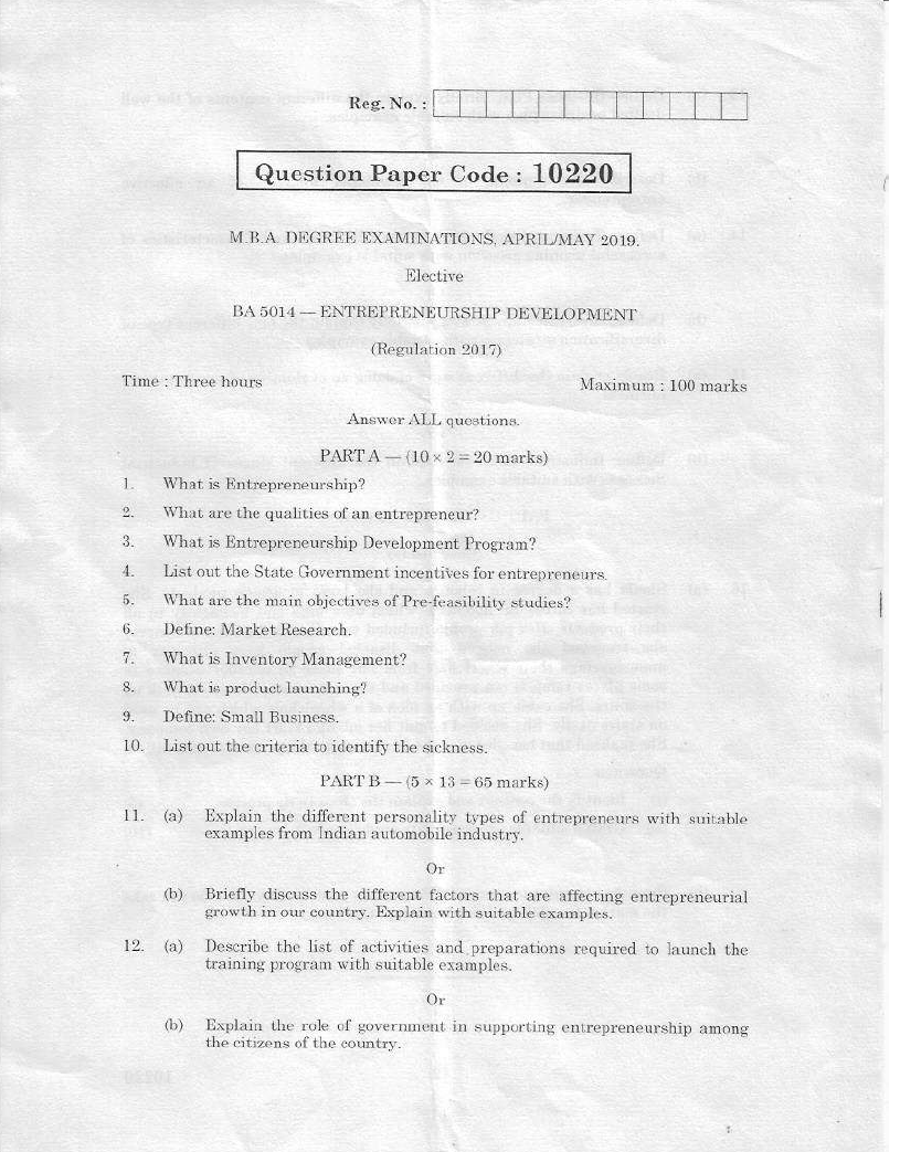 Anna University BA 5014-ENTREPRENEURSHIP DEVELOPMENT APRIL/MAY 2019 ...