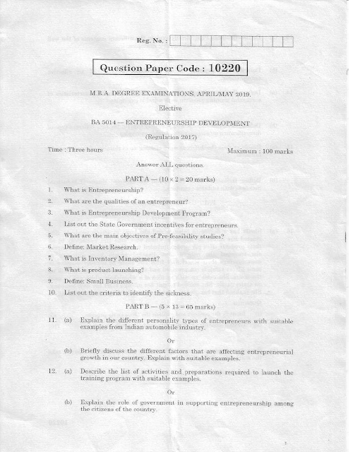 Anna University BA 5014-ENTREPRENEURSHIP DEVELOPMENT APRIL/MAY 2019 ...