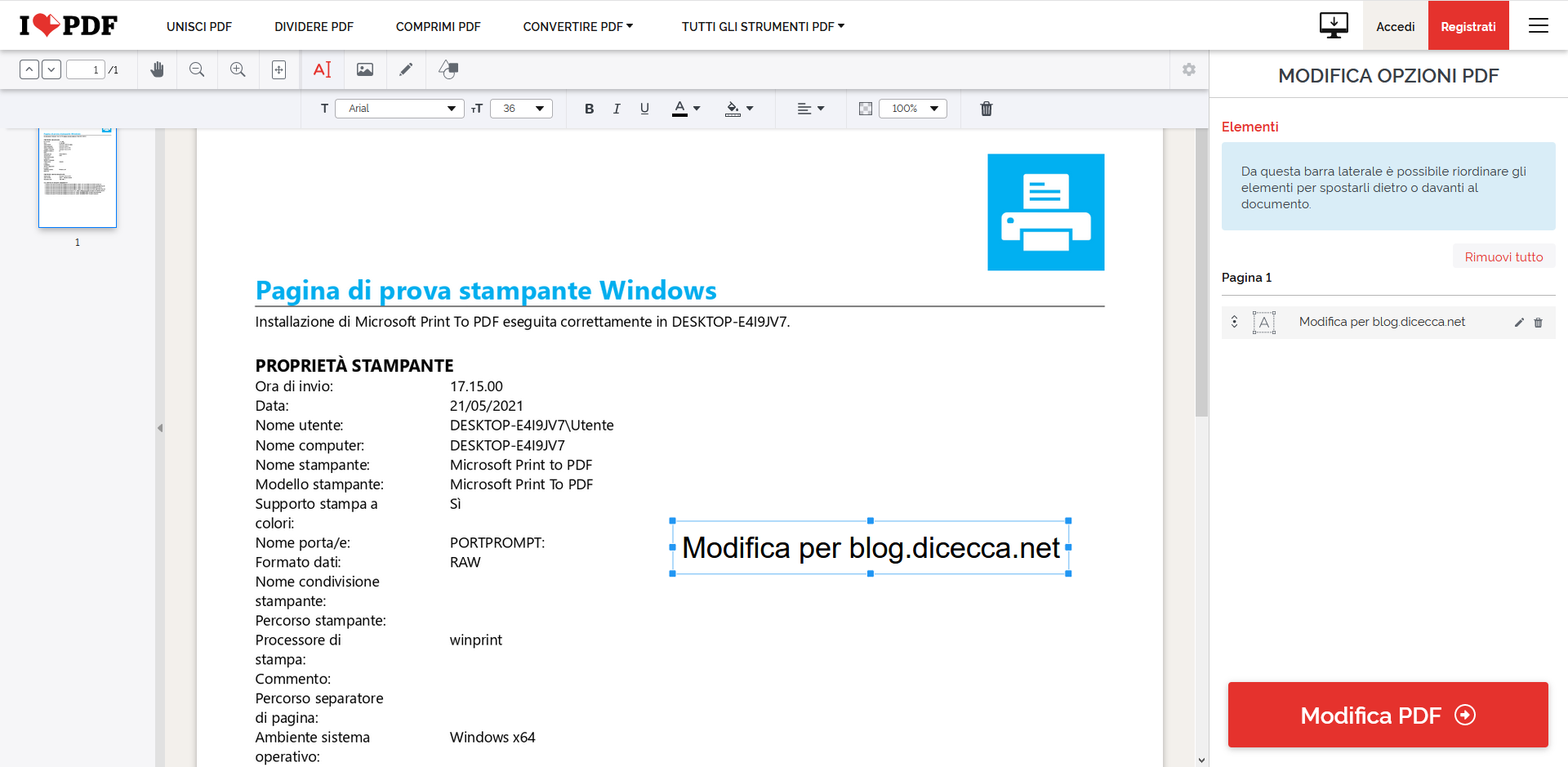 Office - Modificare un file PDF online senza Acrobat