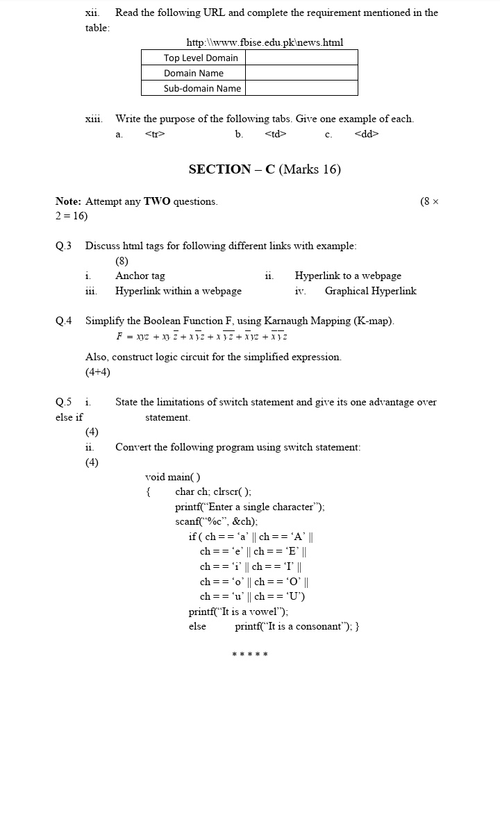 Fbise class 10 Computer Science Model paper with pattern & scheme of ...