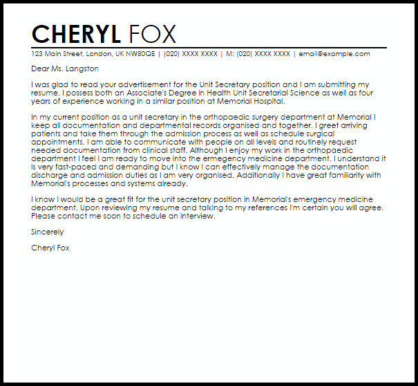 Unit Secretary Cover Letter ~ Resume Letter