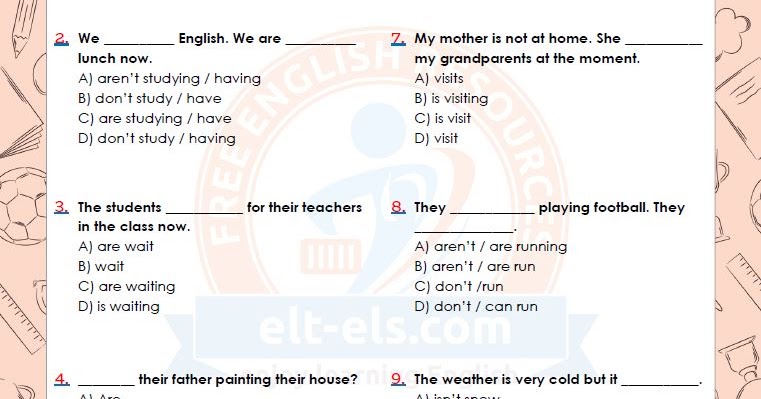 Present continuous tense multiple choice test | www.elt-els.com