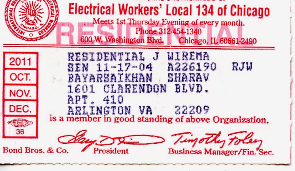 Electric Work: I.B.E.W. Union Local Number 134 Membership Card