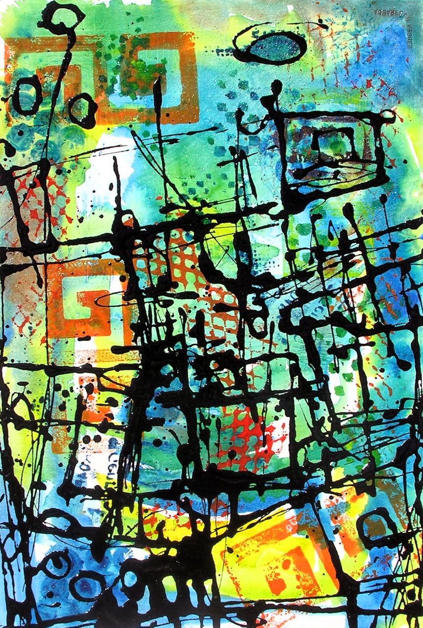 Stamping and Dripping Makes "XO-Alien" A Fun Painting!