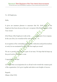Best Employee of the Year Award Announcement Email Sample