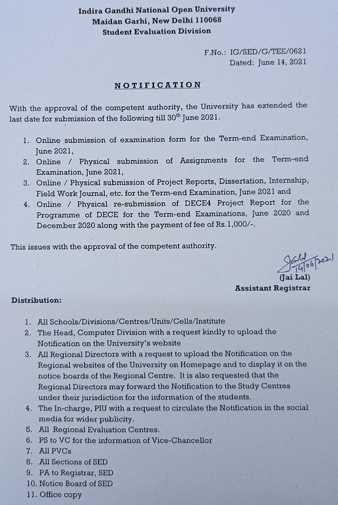 IGNOU Study Centre 0742 D: Notification for the extension of last date ...