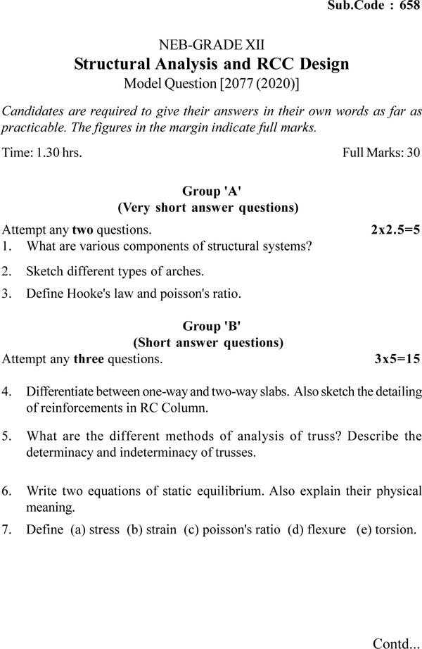 NEB Grade 12 Structural Analysis and RCC Design Model Questions