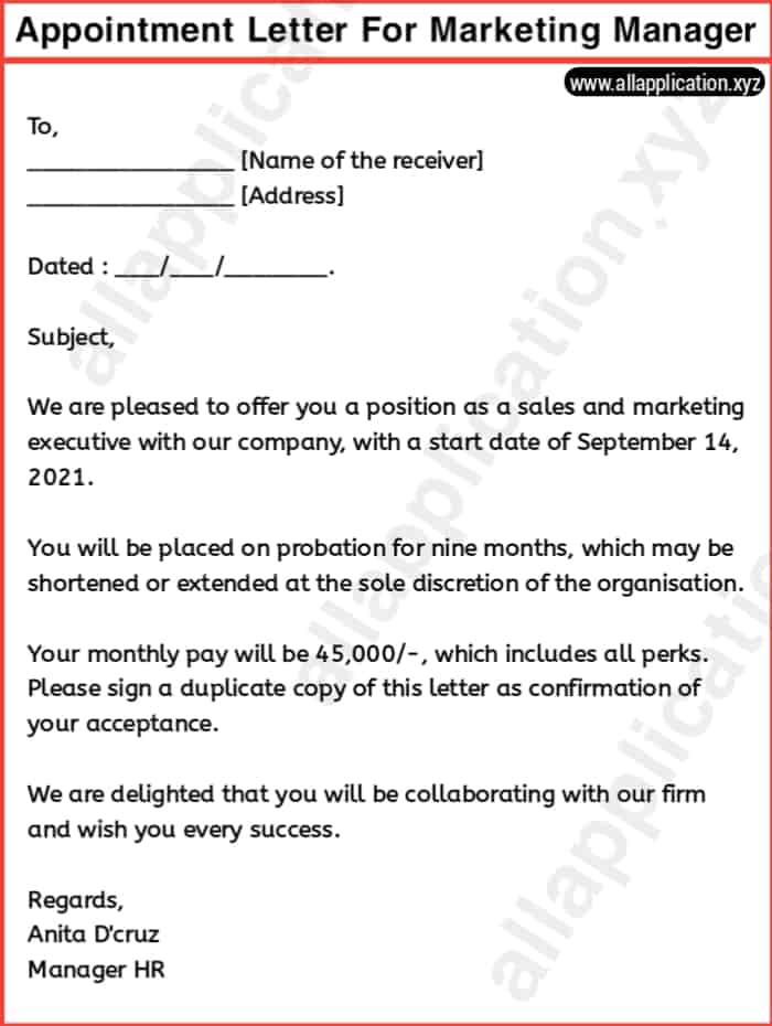 Appointment Letter for Marketing Manager [4 Samples]